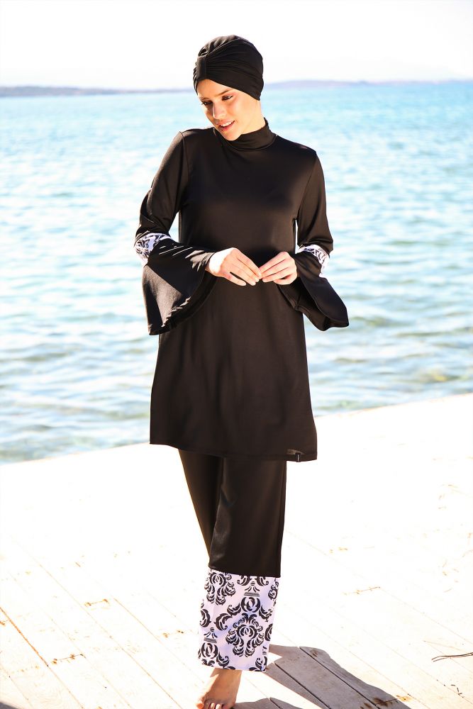Black Patterned Full Closed Hijab Swimsuit – Al Karam Qadri